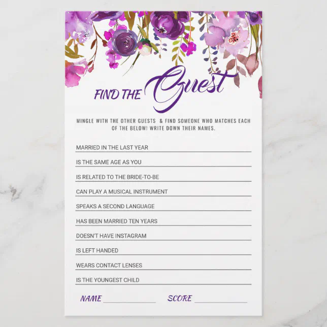 Purple Violet Peony Floral Bridal Shower Game | Zazzle