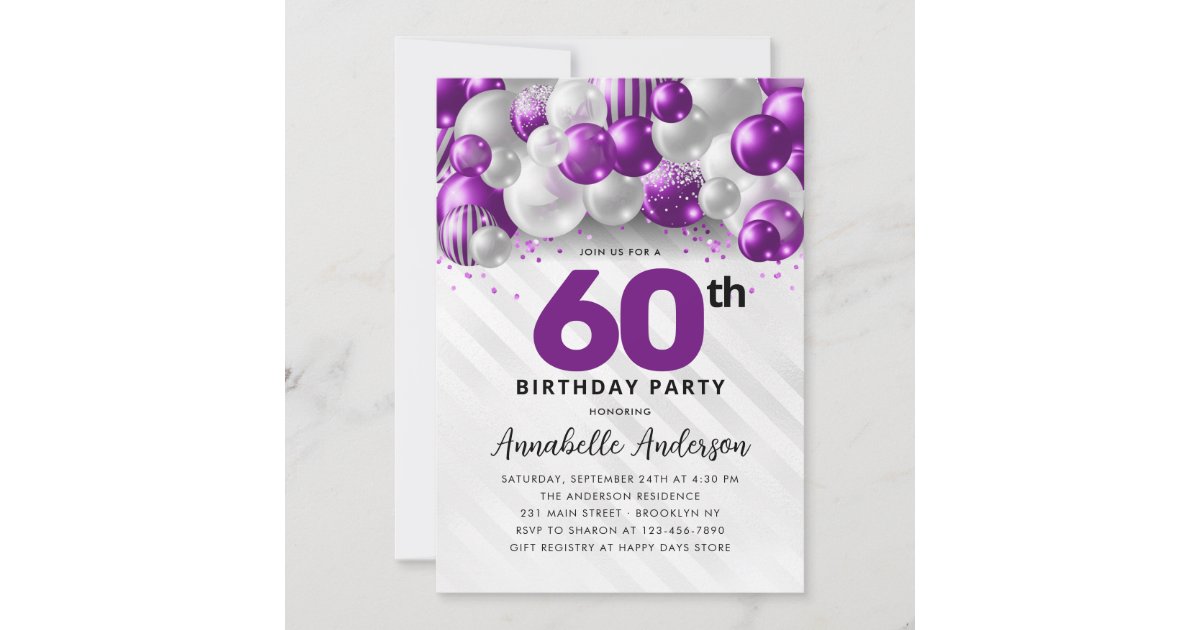 Purple Violet Silver Balloon Glitter 60th Birthday Invitation | Zazzle