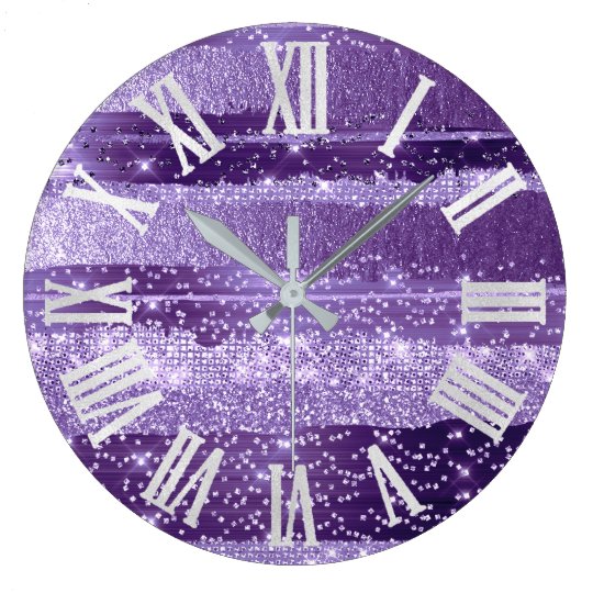 PURPLE VIOLET STROKES Glitter Gray Roman Numbers Large Clock | Zazzle.com