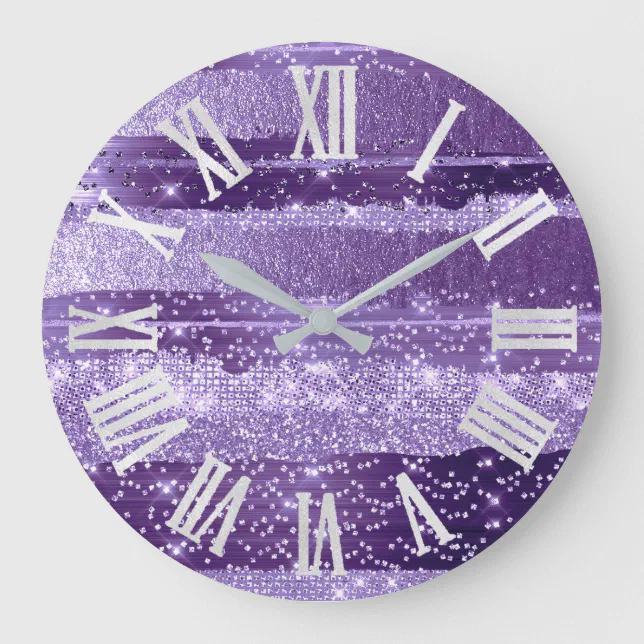 PURPLE VIOLET STROKES Glitter Gray Roman Numbers Large Clock | Zazzle