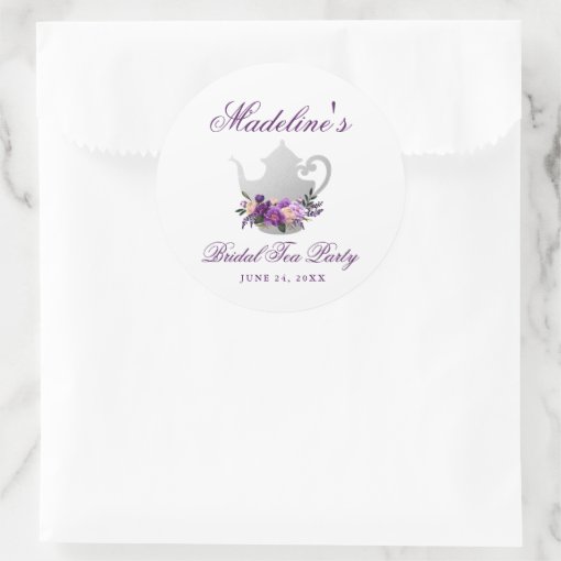 Purple Violet Tea Party Bridal Shower Classic Round Sticker | Zazzle