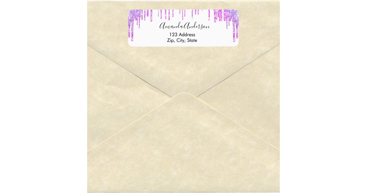 Purple violet white glitter drips return address label | Zazzle