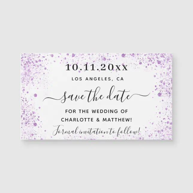Purple violet white wedding save the date magnet | Zazzle