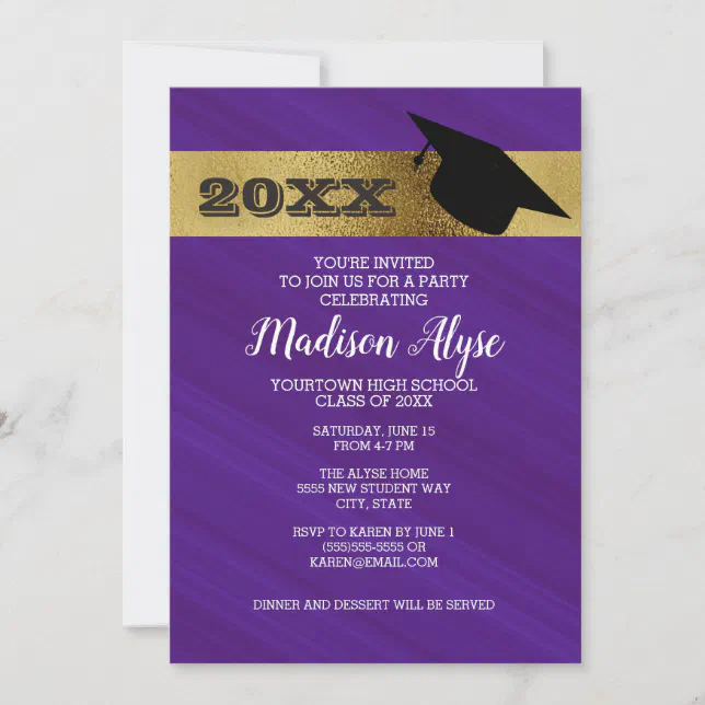 Purple Violet with Gold and Graduation Cap Party Invitation | Zazzle