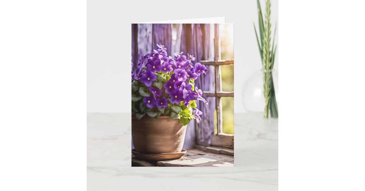 Purple Violets In Clay Pot Birthday Card | Zazzle