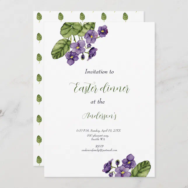 Purple violets watercolor Easter dinner Invitation | Zazzle