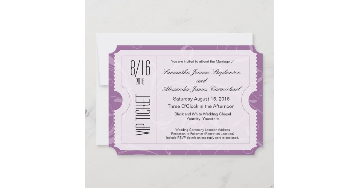Purple VIP Wedding Ticket Invitations | Zazzle