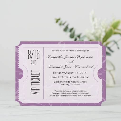 Purple VIP Wedding Ticket Invitations | Zazzle