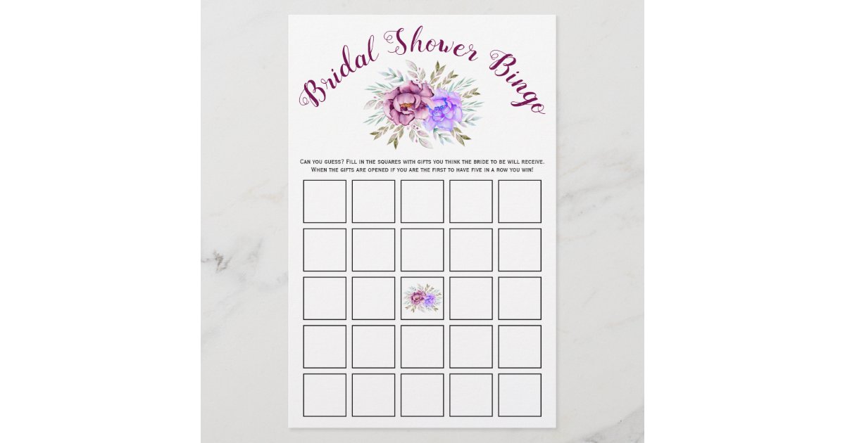 Purple watercolor bridal shower bingo game card flyer | Zazzle