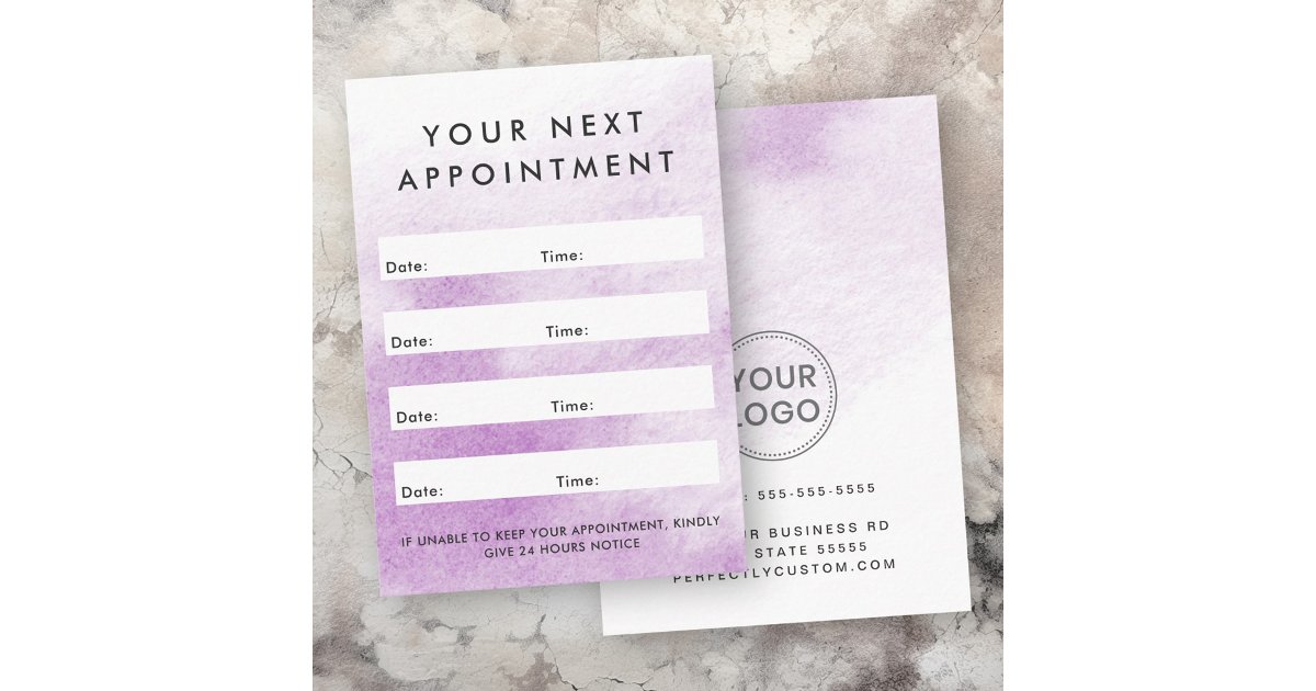 Purple watercolor custom logo vertical appointment card | Zazzle