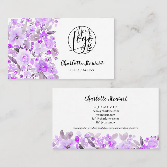 Purple watercolor event planner logo business card | Zazzle