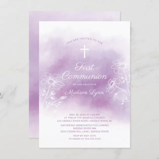 Purple Watercolor First Communion Invitation | Zazzle