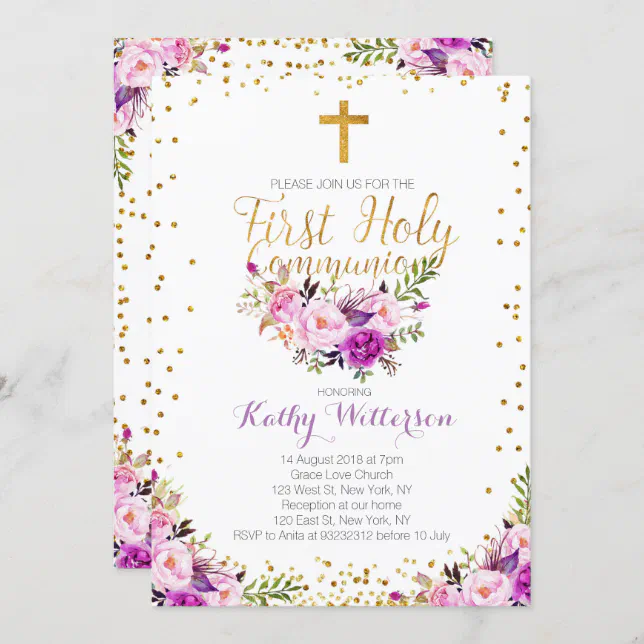 Purple Watercolor First Holy Communion Invitation | Zazzle