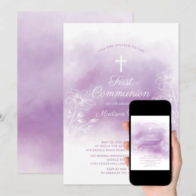 Purple Watercolor First Holy Communion Invitation | Zazzle