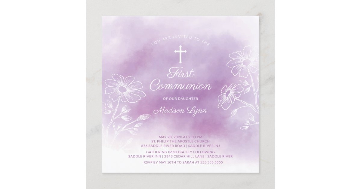 Purple Watercolor First Holy Communion Invitation | Zazzle