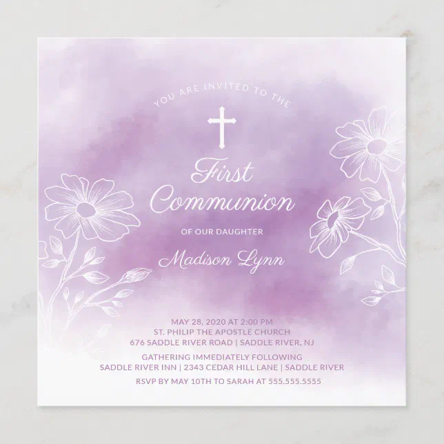 Purple Watercolor First Holy Communion Invitation | Zazzle