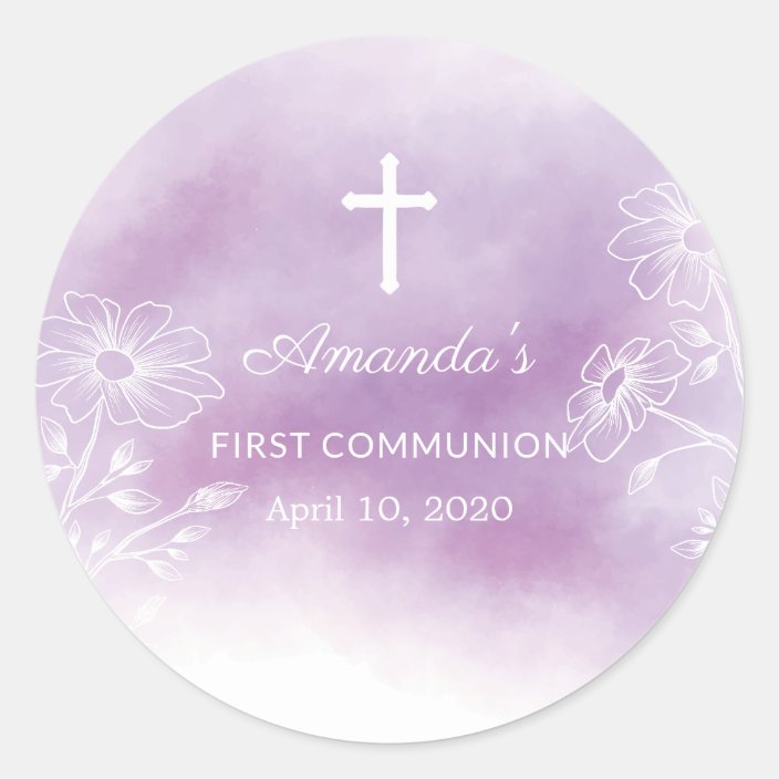 Purple Watercolor First Holy Communion Sticker | Zazzle.com