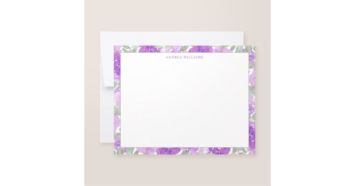 Purple Watercolor Floral Border Personalized Note Card | Zazzle