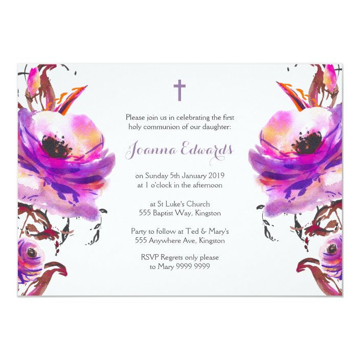 Purple Watercolor Floral First Communion Invitation | Zazzle.com