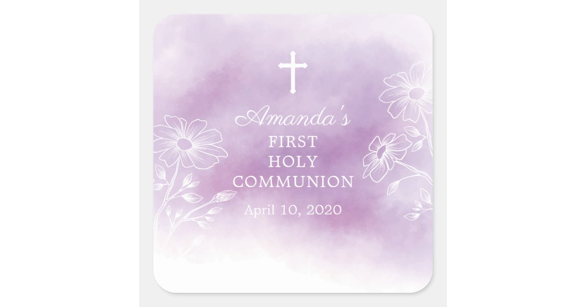 Purple Watercolor Floral First Communion Sticker | Zazzle