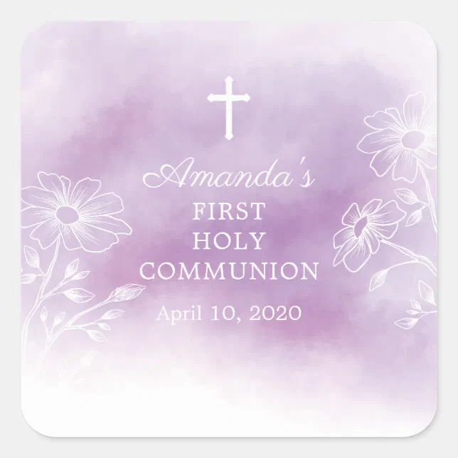 Purple Watercolor Floral First Communion Sticker | Zazzle