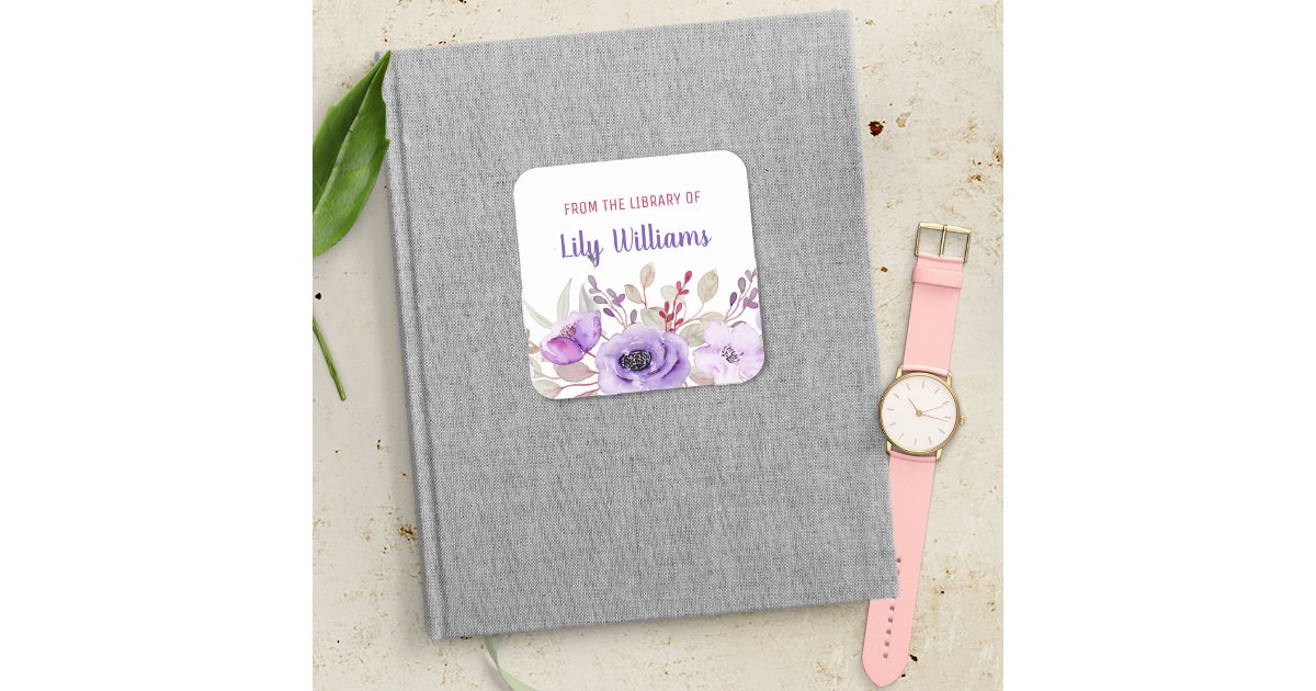 Purple Watercolor Floral From The Library Of Square Sticker | Zazzle