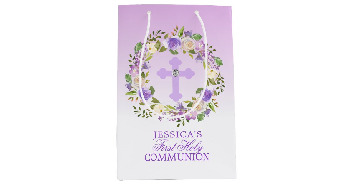 Purple Watercolor Floral Girl First Holy Communion Medium Gift Bag | Zazzle