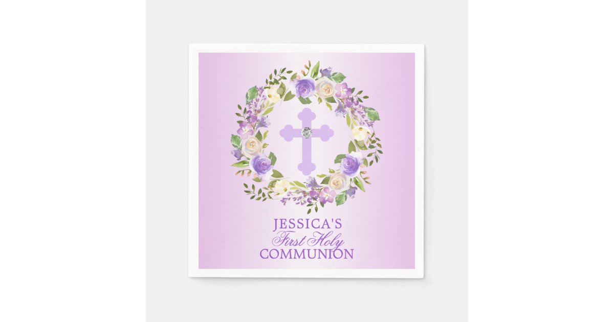 Purple Watercolor Floral Girl First Holy Communion Napkins | Zazzle