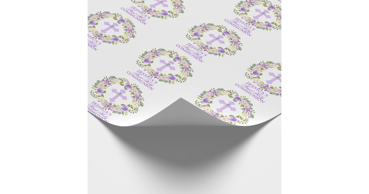 Purple Watercolor Floral Girl First Holy Communion Wrapping Paper | Zazzle