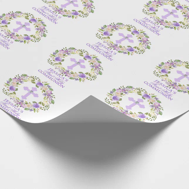 Purple Watercolor Floral Girl First Holy Communion Wrapping Paper | Zazzle