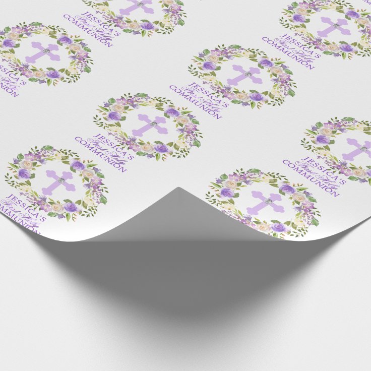 Purple Watercolor Floral Girl First Holy Communion Wrapping Paper | Zazzle