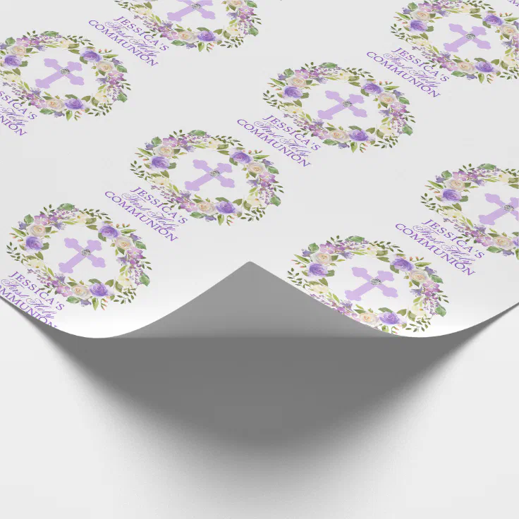 Purple Watercolor Floral Girl First Holy Communion Wrapping Paper | Zazzle