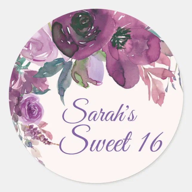 Purple Watercolor Floral Sweet 16 Birthday Classic Round Sticker | Zazzle