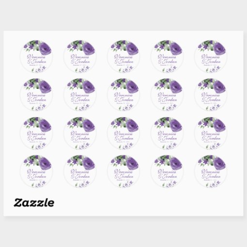 Purple Watercolor Floral Wedding Stickers | Zazzle