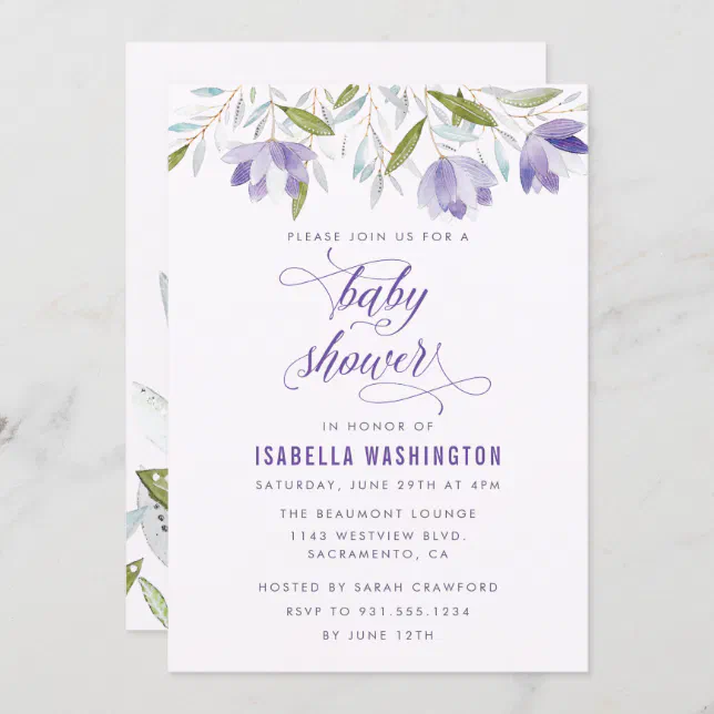 Purple Watercolor Flowers Baby Shower Invitation | Zazzle