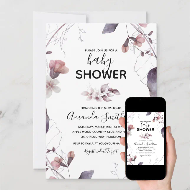 Purple Watercolor Flowers Baby Shower Invitation | Zazzle