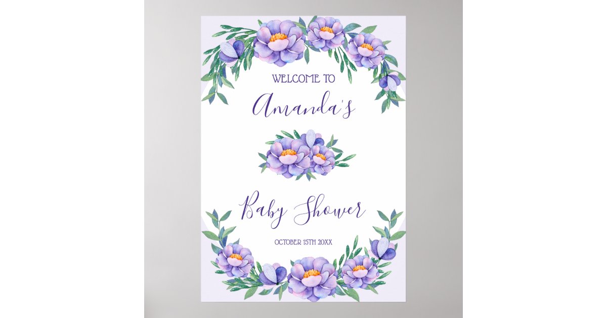 Purple Watercolor Flowers Baby Shower Personalized Poster | Zazzle