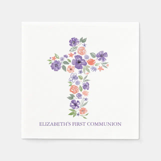 Purple Watercolor Flowers Cross First Communion Napkins | Zazzle