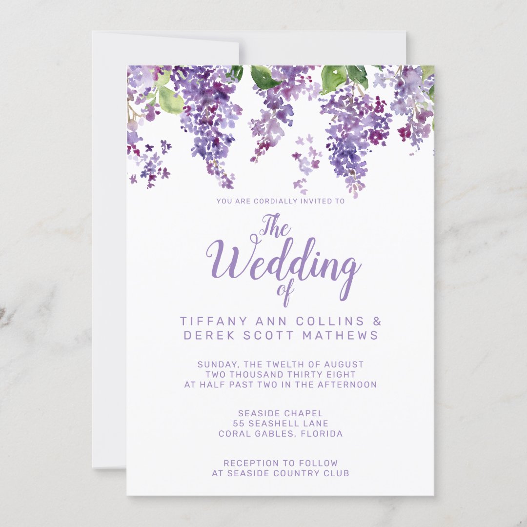 Purple Watercolor Lilacs Floral Wedding Invitation | Zazzle