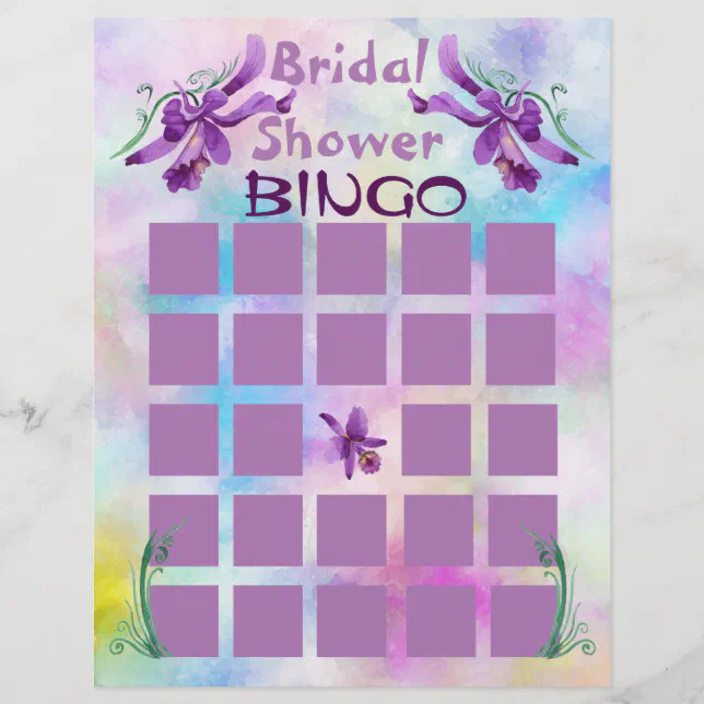 Purple Watercolor Orchids Bridal Shower Bingo Flyer | Zazzle
