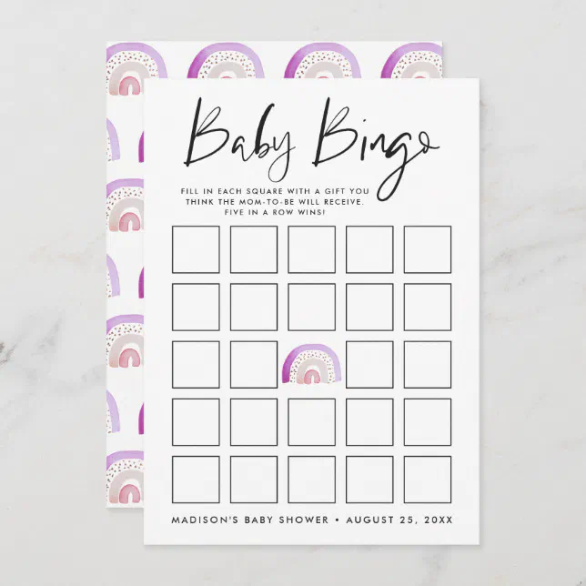 Purple Watercolor Rainbow Baby Shower Bingo Card | Zazzle