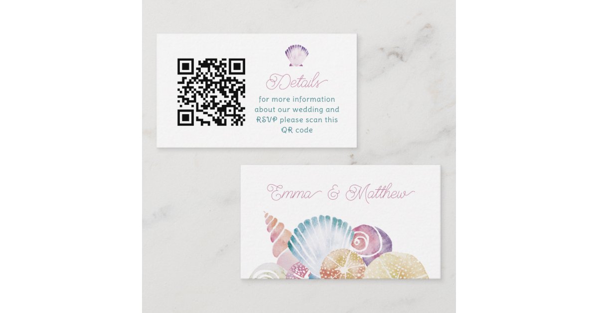 Purple Watercolor Seashell QR Code Wedding Enclosure Card | Zazzle