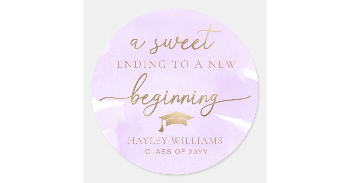 Purple Watercolor Sweet New Beginning Graduation Classic Round Sticker ...