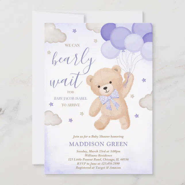 Purple We Can Bearly Wait Baby Shower Invitation | Zazzle