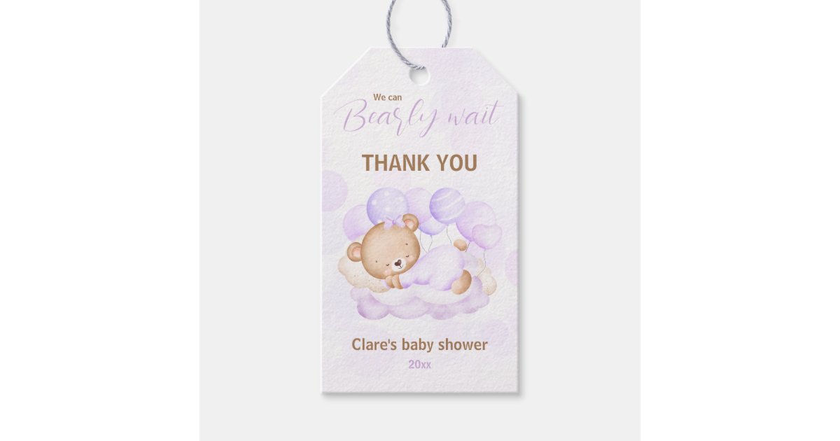 Purple We Can Bearly Wait Bear Baby Shower Favor Gift Tags | Zazzle