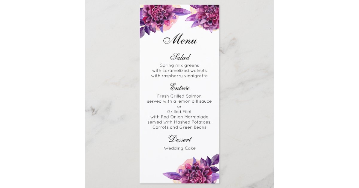 Purple wedding dinner menu. Floral menu party | Zazzle