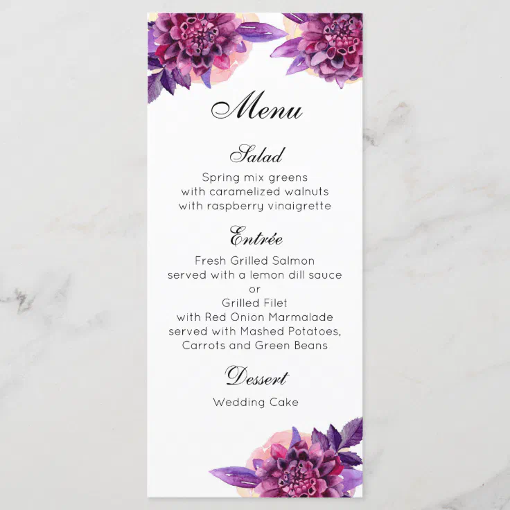 Purple wedding dinner menu. Floral menu party | Zazzle