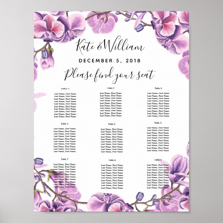 purple wedding floral Table plan party/wedding Poster | Zazzle