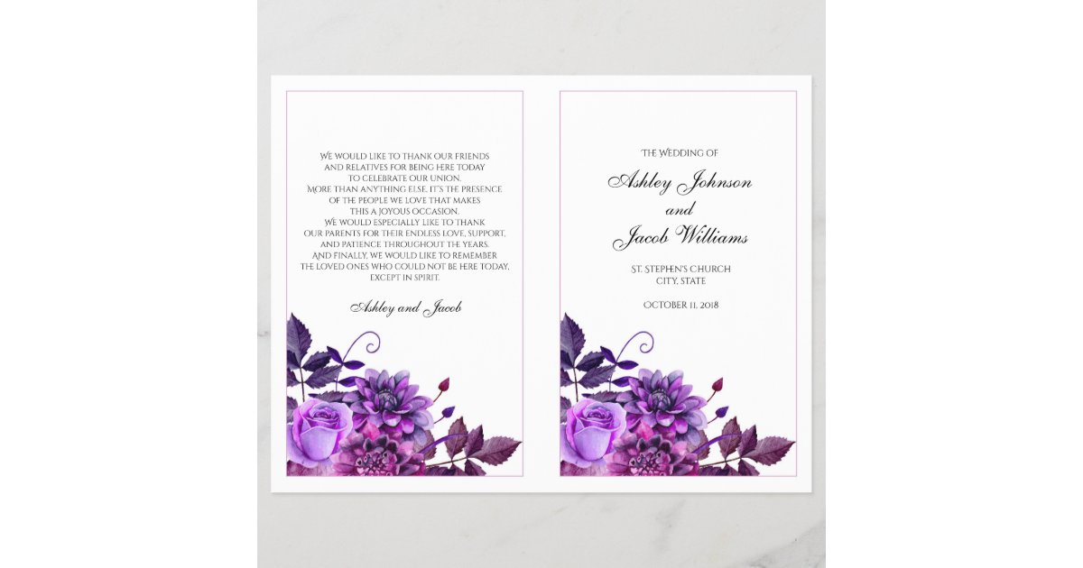 Purple wedding program folded. Church ceremony | Zazzle