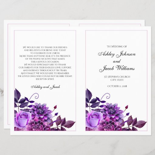 Purple wedding program folded. Church ceremony | Zazzle